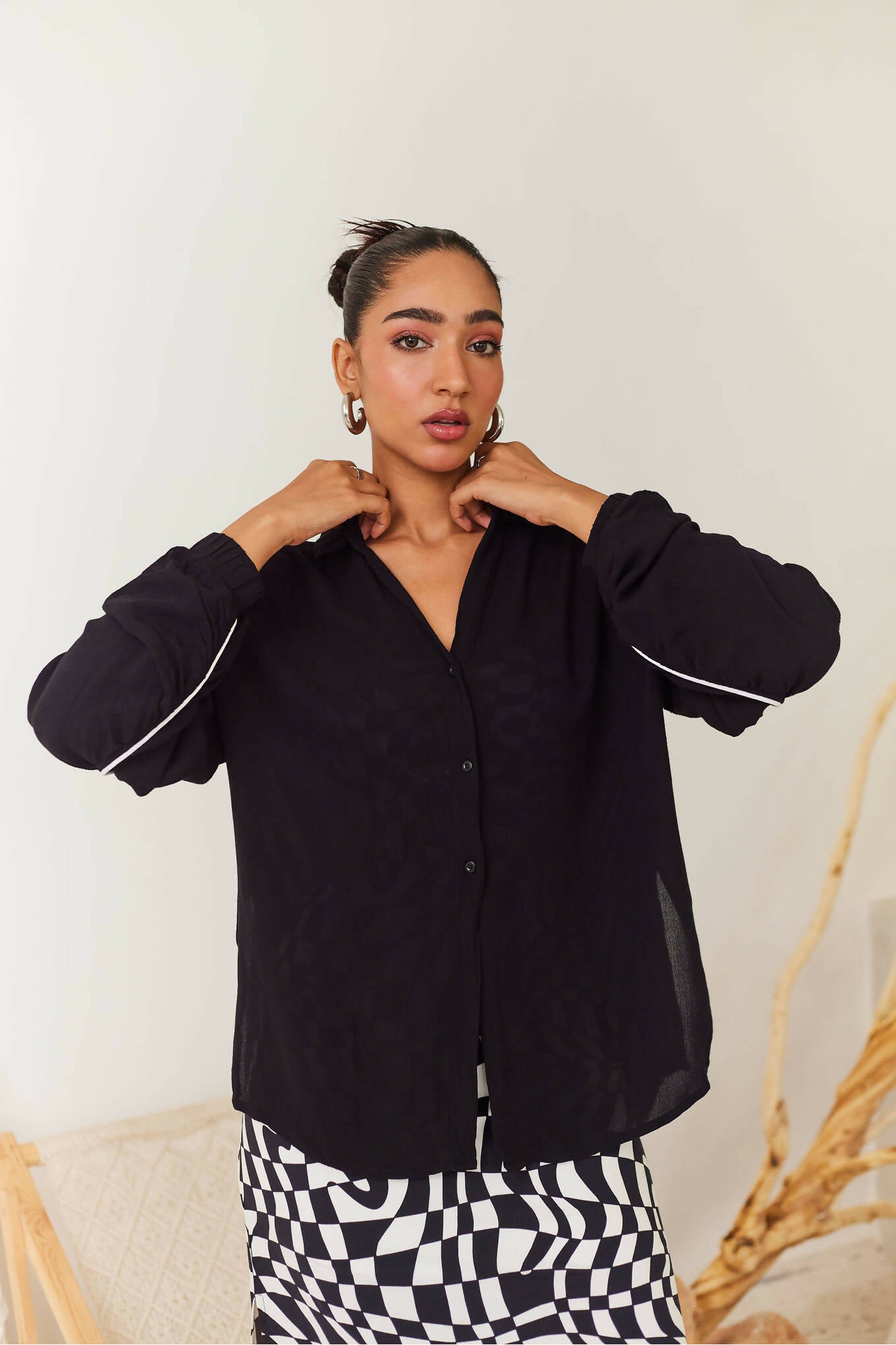Black Shirt with Contrast Piping | Upcycled Black Shirt with Contrast ...